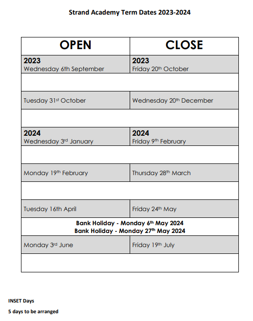 Term Dates - Strand Primary Academy